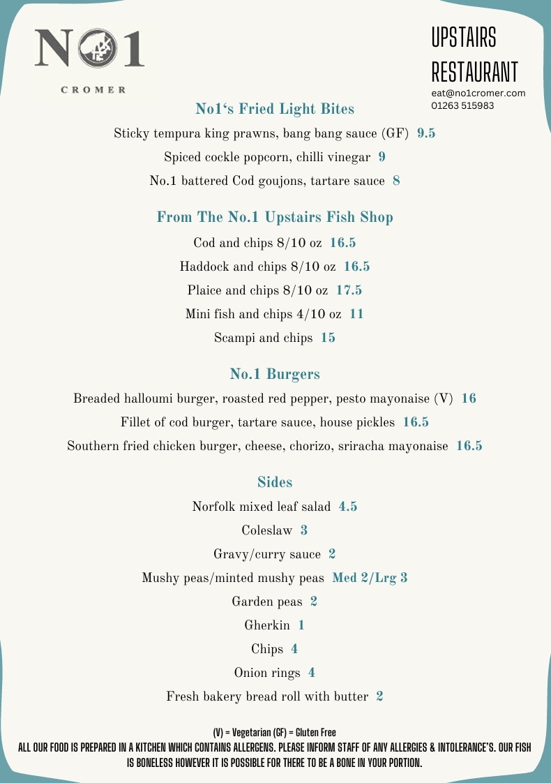 Upstairs at No1 Cromer | Weekly Seasonal Specials