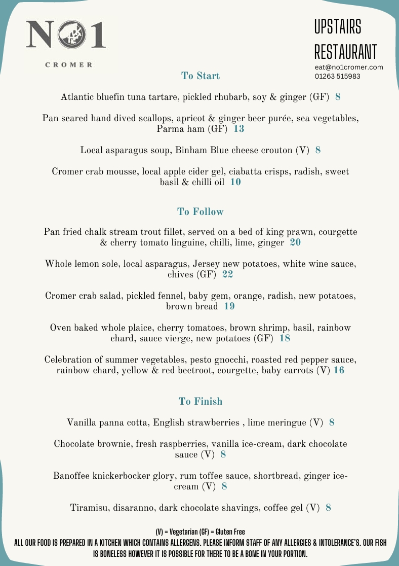 Upstairs at No1 Cromer | Weekly Seasonal Specials