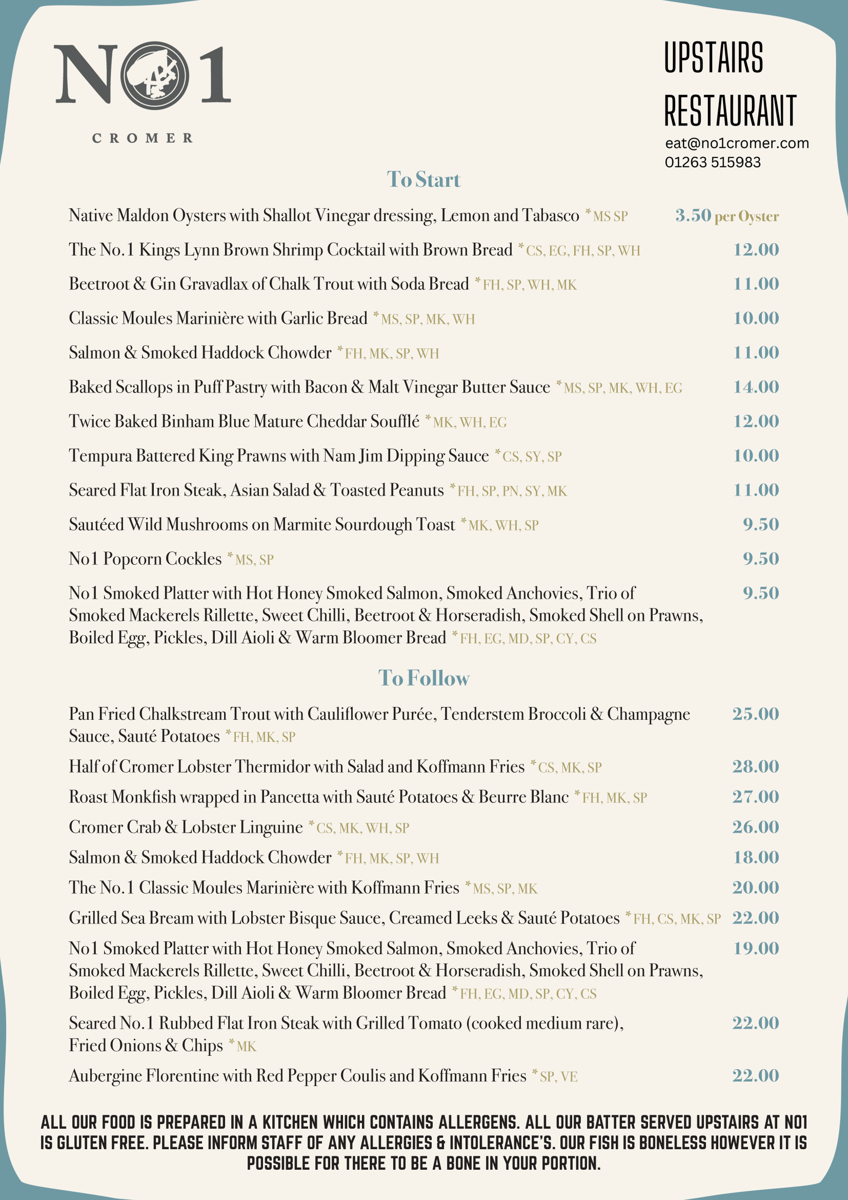 Upstairs at No1 Cromer | Weekly Seasonal Specials