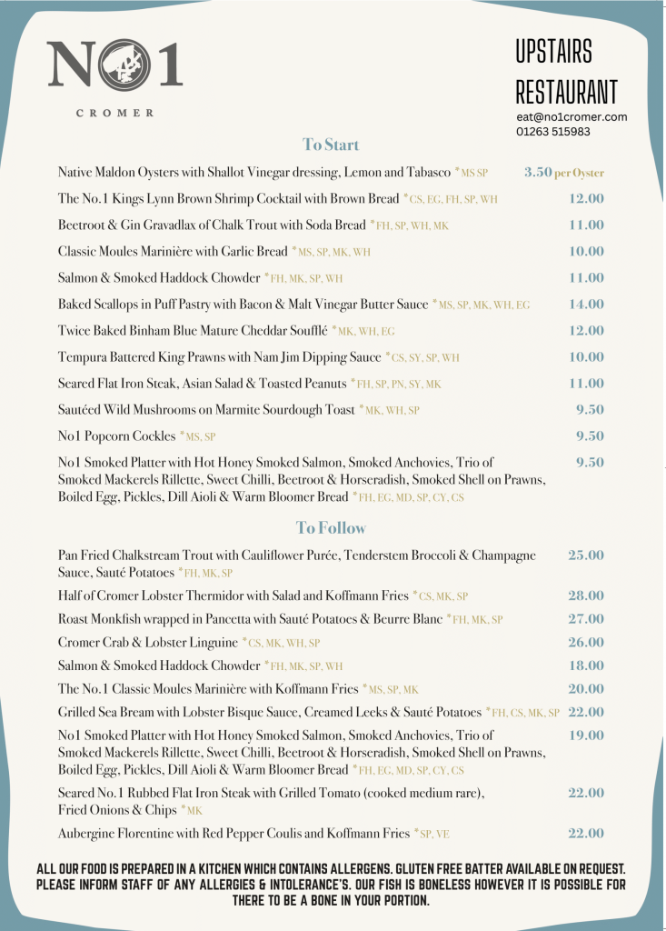 Upstairs at No1 Cromer | Weekly Seasonal Specials