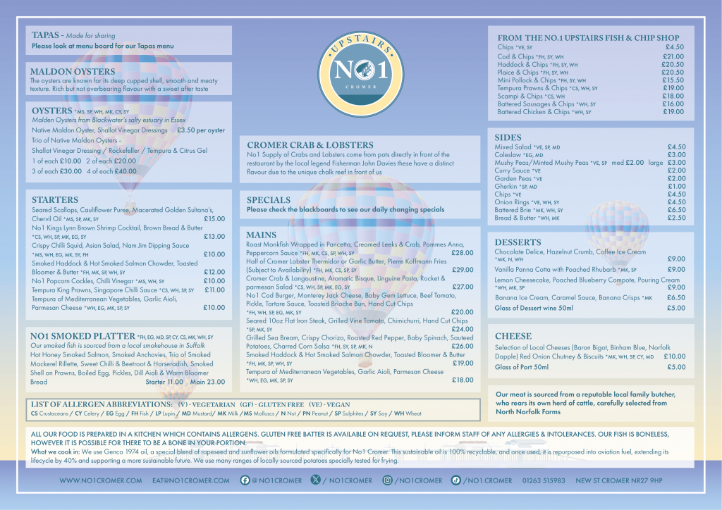 Upstairs at No1 Cromer | Weekly Seasonal Specials
